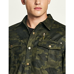 CQR Men's Flannel Lined Shirt Jackets, Long Sleeved Rugged Plaid Cotton Brushed Suede Shirt Jacket, Flannel Print Lined Camo Olive, X-Small