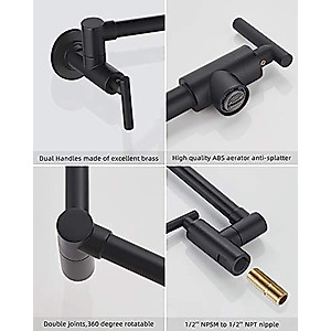 PHASAT Pot Filler Faucet,Black Pot Filler Wall Mount,Brass Kitchen Faucet Folding Stretchable with Double Joint Swing Arm,2 Handles with 2 Cartridges,Single Hole,Matte Black,PTZH01C