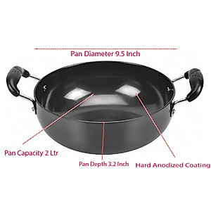 Aluminium Kadhai Hard Anodised with Stainless Steel Lid All Purpose Pan Round Bottom Deep Fry Pan / Kadai Stir Fry Pan Multipurpose Pan