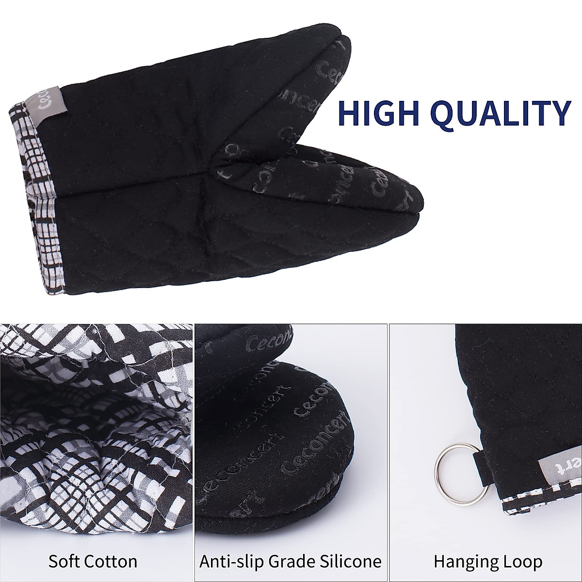 Oven Mitts, 2pcs Kitchen Mitts for Oven, Oven Mitts Heat Resistant with Silicone Non-Slip Grip and Hanging Loop, Oven Gloves to Protect Hands for Cooking, Baking and Grilling(Black)