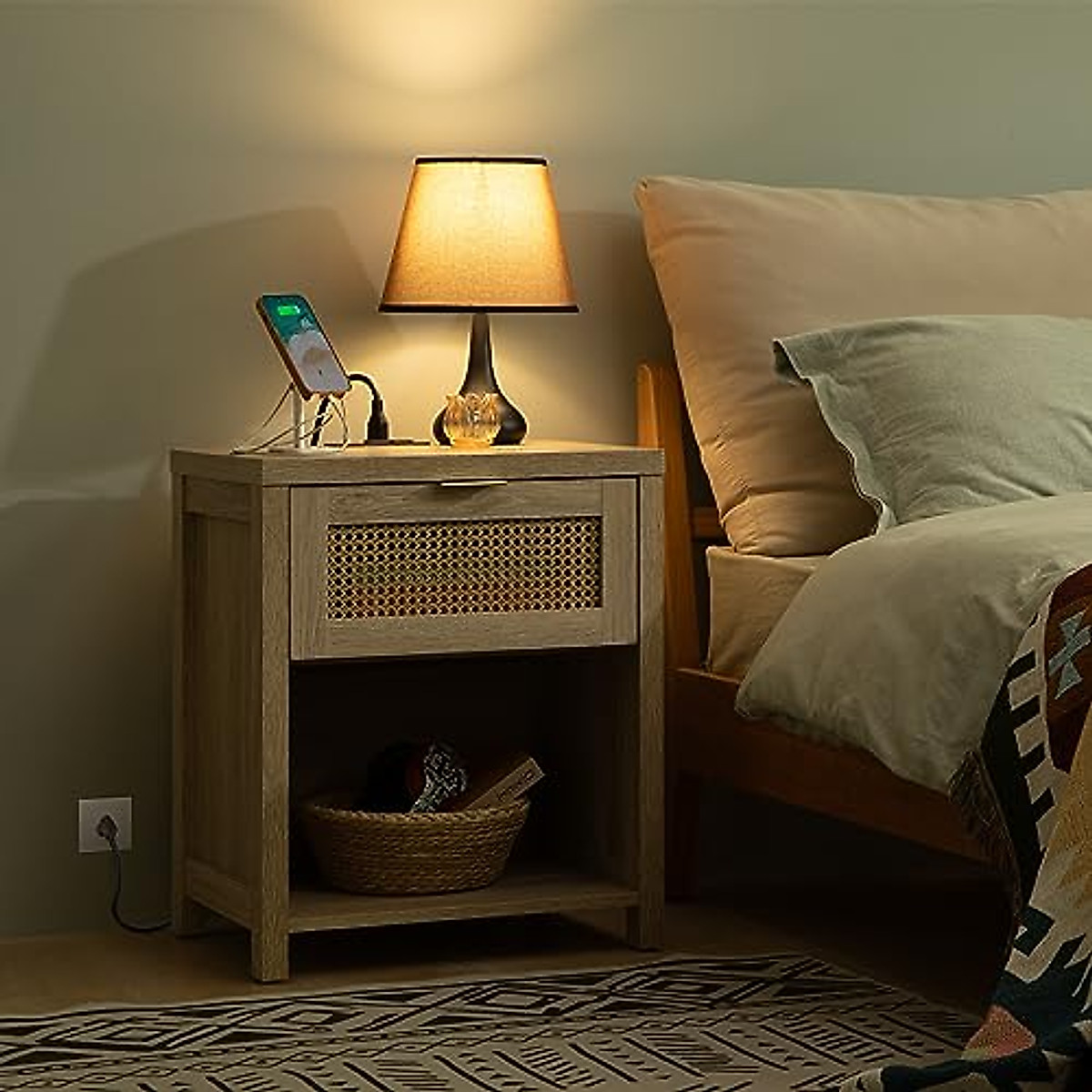 Bacyion Nightstands Set of 2 with Charging Station - Farmhouse Wood Night Stand with Drawer and Storage Shelf, Accent Bedside Table with USB Ports & Outlets, Boho End Table Side Table for Bedroom