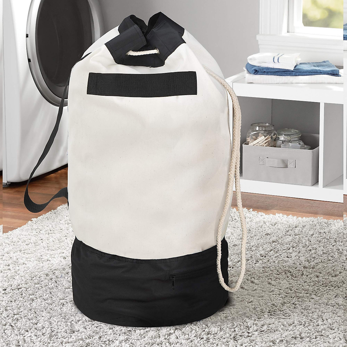 Smart Design Heavy Duty Duffel Bag w/ 2 Compartments, Strap, & Handles - Holds up to 80 lbs. - VentilAir Breathable Canvas - for Gym Clothes & Laundry - (Holds 3 Loads) (30 x 15 Inch) [Natural Canvas]