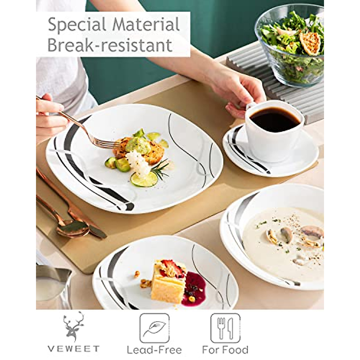 VEWEET Fionaglas 30-Piece Dinnerware Set Ivory White Opal Glassware, Break Resistant Dinner Sets with Dessert Plates/Soup Plates/Dinner Plates/Cups/Saucers Service for 6