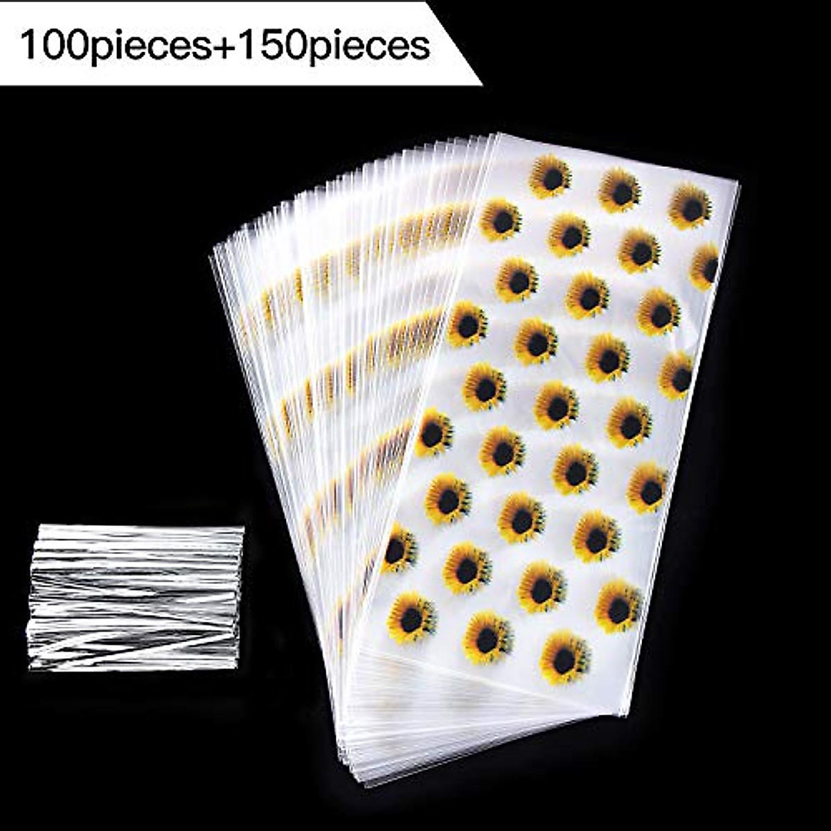 100 Pieces Sunflower Cellophane Bags Cello Clear Candy Bags Plastic Goodie Storage Bags with 150 Pieces Twist Ties for Sunflower Party Favors