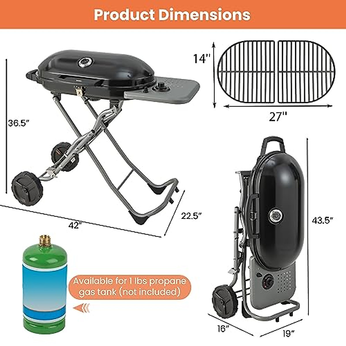 Giantex Gas Grill, Portable Propane Grill with 15,000 BTUs Burner, Side Table, 2 Wheels, Grease Tray, Metal Frame, Folding Stand-Up Propane Gas Grill for Outdoor Cooking Camping Barbecue (Black)