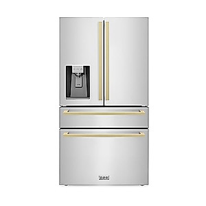 ZLINE 36" Autograph Edition 21.6 cu. ft 4-Door French Door Refrigerator with Water and Ice Dispenser in Stainless Steel with Champagne Bronze Square Handles (RFMZ-W-36-FCB)
