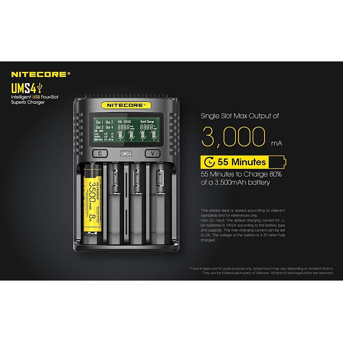 Nitecore UMS4 Intelligent USB Four Slot Quick Battery Charger for Li-Ion/Ni-MH/Ni-Cd/IMR 16340 14500 18650 21700 20700 AA AAA and More Batteries, with LumenTac QC3.0 Charging Adapter
