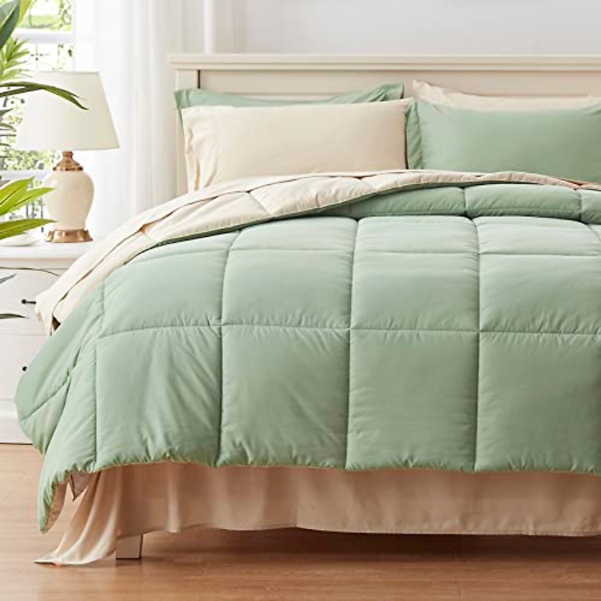 Anluoer King Size Bed in a Bag 7 Pieces, Sage Green Bed Comforter Set with Comforter and Sheets, All Season Bedding Sets with 1 Comforter, 2 Pillow Shams, 2 Pillowcases, 1 Flat Sheet, 1 Fitted Sheet