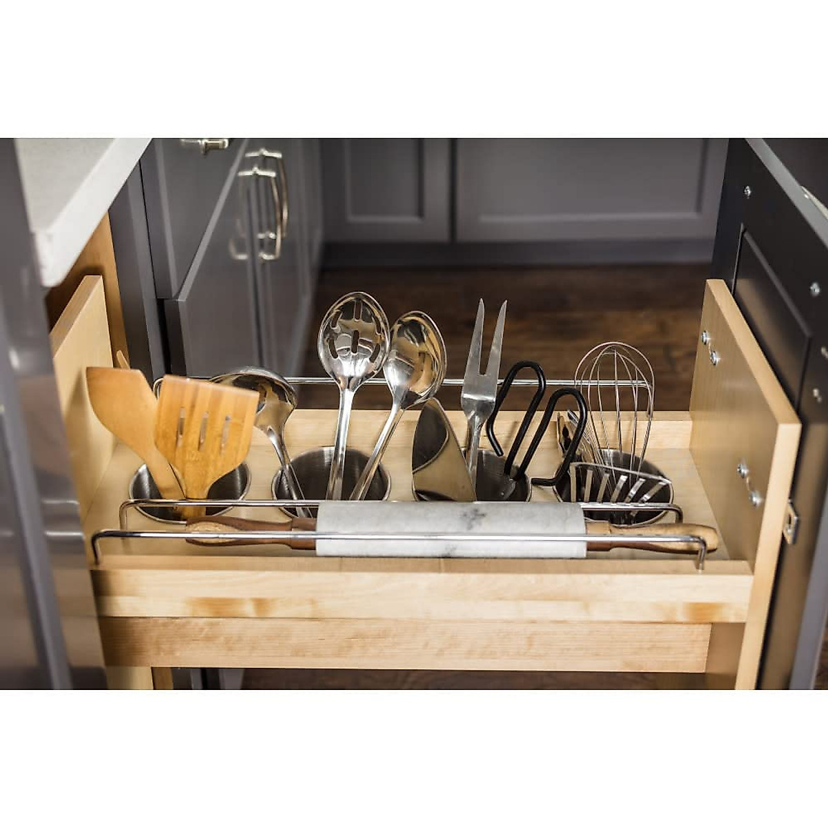 Hardware Resources 8.5" Base Cabinet Soft-Close Pullout Utensil Organizer with Patented "No Wiggle" Technology to Eliminate Rocking, Pre-Assembled with Steel Bins for 12" Base Cabinets