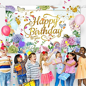 Flowers Birthday Party Backdrop Pink Flower Bush Garden Birthday Photography Background for Girls Women Happy Birthday Party Background Banner for Birthday Proposal Party Decoration Supplies