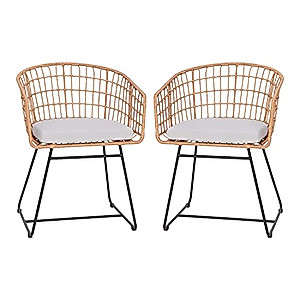 Flash Furniture Devon Set of 2 Indoor/Outdoor Patio Boho Club Chairs, Rope with PE Wicker Rattan, Cushions and Sled Base, Natural/Light Gray