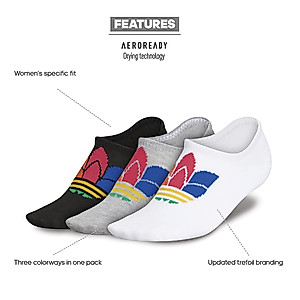adidas Originals Women's Originals 3D Trefoil 3-Pack Super No Show, White/Heather Grey/Black, Medium