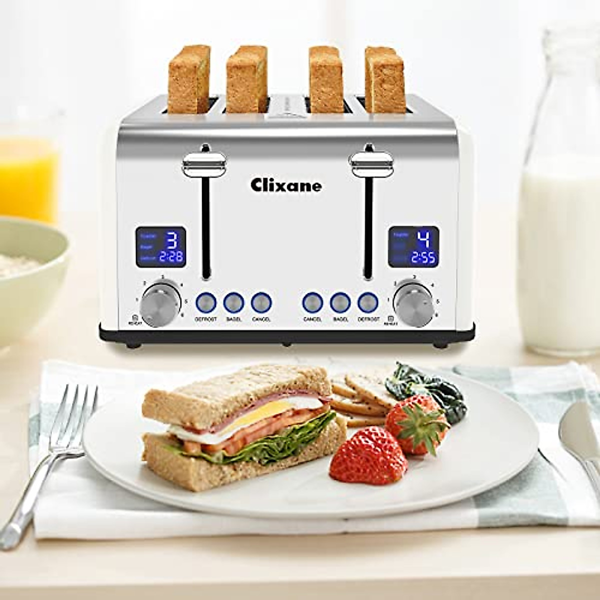Toaster 4 Slice,1.5"Extra Wide Slot Stainless Toaster with Bagel Defrost Cancel Function, Dual Screen, Removal Crumb Tray (White)
