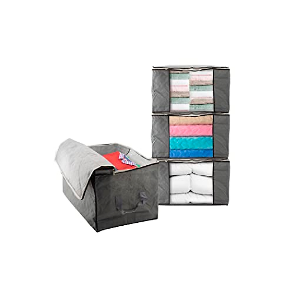 Eternal Living Blanket Storage Bags Set of 4 with Zipper & Window, Large Capacity Breathable Clothes Bag Organizer for Comforters, Blankets, Bedding - Handles and 4 Packs (Grey)