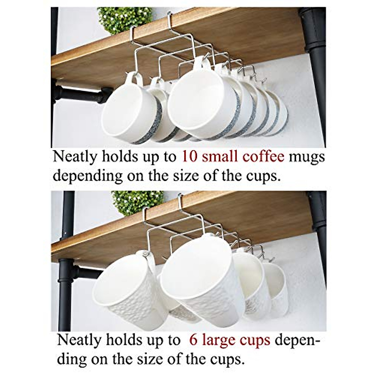 bafvt Coffee Mug Holder - 304 Stainless Steel Cup Rack Under Cabinet, 10Hooks, Fit for The Cabinet 0.8" or Less