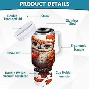 ODAWA Owl Maple Leaf Travel Coffee Tumbler 30 Oz Travel Mug with Handle and Straw