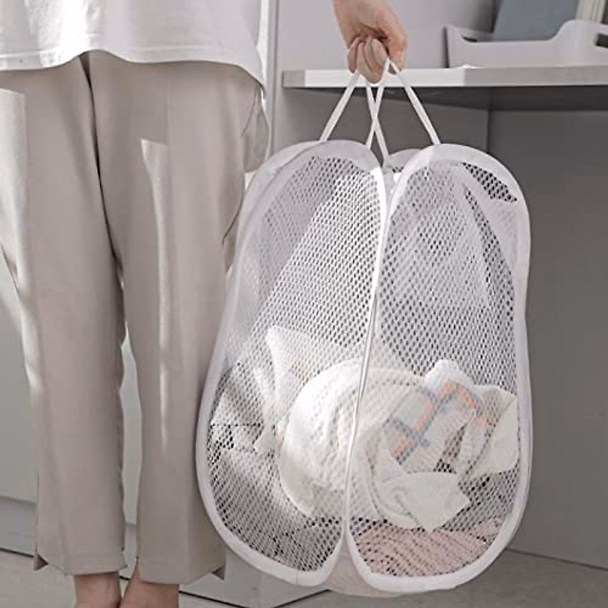 Popup Laundry Hamper with Handle, Foldable Large Capacity Mesh Laundry Hamper Home Supplies White