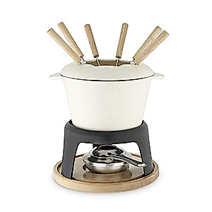 Twine Farmhouse Kitchen Enamel Cast Iron Fondue Set Cheese Melting Pot Metal Stand with Stainless Steel Forks and Chrome Gel Burner, 8.5", Off-Cream