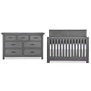 Evolur Belmar Double Dresser in Rustic Grey, 54x20.25x33 Inch (Pack of 1) & Belmar Flat 5-in-1 Convertible Crib in Rustic Grey, Greenguard Gold Certified