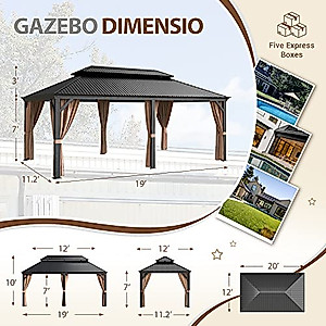 Flamaker Hardtop Gazebo Aluminum Frame Outdoor Gazebo with Privacy Curtains and Gauze Mesh Sunshade Pavilion Double Roof Canopy for Patio, Lawn, Deck, Poolside (Aluminum Roof, 12' x 20')