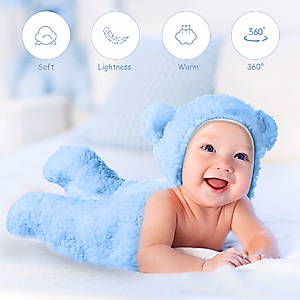 Tatuo 2 Set Newborn Plush Swaddle Blankets Cute Swaddle Hooded Swaddle Blanket Baby Boys Girls Receiving Hooded Sleeping Bag Infant Sleep Swaddling (Blue, Gray)