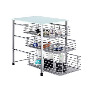 Flagship 3 Tier Sliding Backet Organizer Drawer with Crystal Tempered Glass Mesh Shelves for Spice Rack Countertop Kitchen Under Sink Drawer Bathroom Office (Silver)