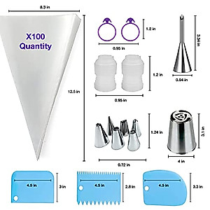 119 Pieces Disposable Piping Bags and Tips Set 12 Inches - 100 Anti Burst Pastry Bags with 8 Nozzle Tips, 3 Bag Ties and 3 Cake Scrapers, icing piping kit, for Frosting and Cookie decorating & more