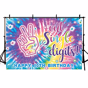7x5ft Out Single Digits Backdrop Happy 10th Birthday Party Decorations Supplies for Baby Tie Dye Rainbow Neon It's My 10 Years Old Bday Photography Background Banner Photo Shoot Studio Props, Purple