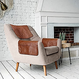 Tradder 3 Pcs PU Leather Recliner Headrest Protector with Arm Covers for Furniture Recliners 22.8 x 14.6 Inch, Arm with Pockets Headrest Cover for Couch Sofa Chairs Furniture(Brown)