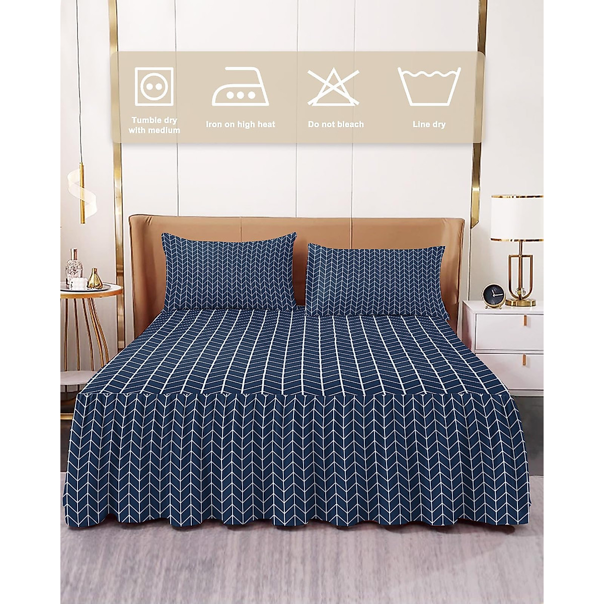 AMZRicher Navy Blue Wrap Around Pleated Bed Skirts for Queen Bed 60x80, Decorative Dust Ruffle Bed Sheet & Bedskirt 18'' Drop Bedspread with Pillow Case 20x30 Contemporary Geometric Modern Stripes