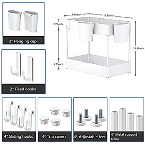 2 Pack Under Sink Organizers and Storage, 2-Tier Under Bathroom Kitchen Sink Organizer with 12 Hooks 4 Hanging Cups,Stable and Sturdy Under Cabinet Organizers for Bathroom Kitchen (White)