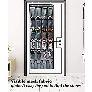 Over The Door Hanging Shoe Organizer 24 Extra Large Mesh Pockets Hanging Shoe Rack Holders for Closet Storage Men Sneakers,High Heeled Shoes,Double Stitching with 4 Metal Hooks,Gray 65.4"X23.6"