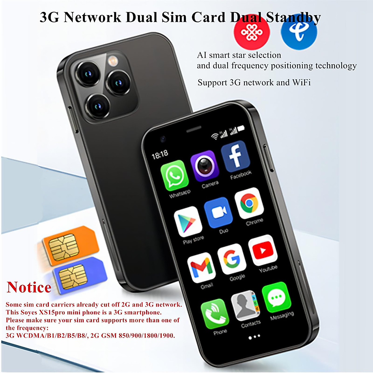 SOYES XS15 Mini Smartphone 3.0 Inch 3G WCDMA MTK6580 Quad Core Android 8.1 Mobile Phone WiFi GPS 2GB RAM 16GB ROM Dual Sim Google Play Cute Card Cellphone (Blue)