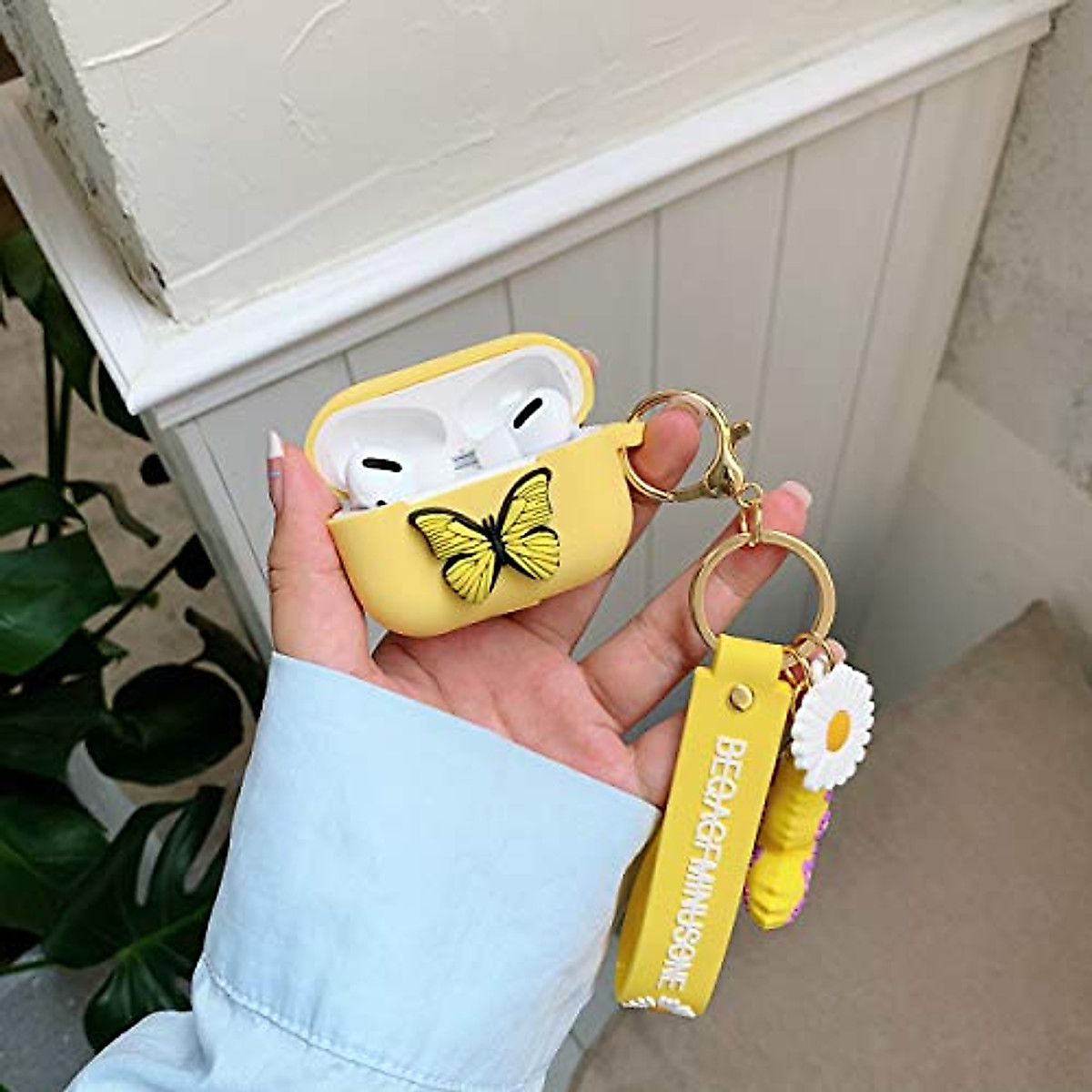Airpods Pro Case Butterfly Keychain, Comfortable Soft Silicone Butterfly Pendant and Shockproof Dust Plug Cover for Women Girls Compatible with Apple Airpod Pro Wireless Case 2019 (Yellow Butterfly)