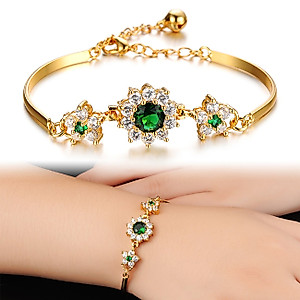 L & J 18k Yellow Gold Sparkling Green Rhinestone Halo Diamond Cut AAA CZ Flower Bangle Bracelet for Women