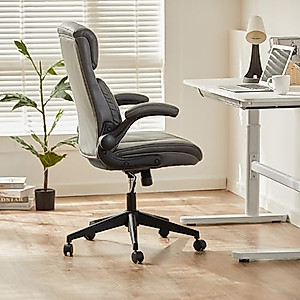 COLAMY Ergonomic Office Chair, Executive Desk Chair, Leather Office Chair with Padded Flip-up Arms, Adjustable Height Swivel Rolling Work Chair-Black