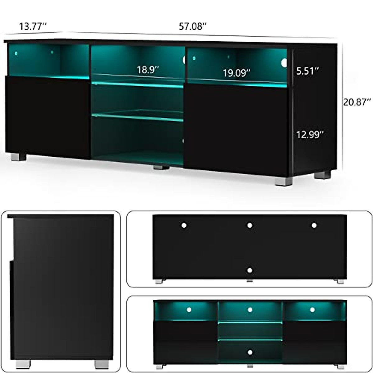 LED TV Stand for 65 inch TVs, Modern TV Stand with LED Lights and High Glossy Cabinets, Game Console Entertainment Center with Storage Shelves and Media Layers for Living Room Bedroom (Black, 57inch)…