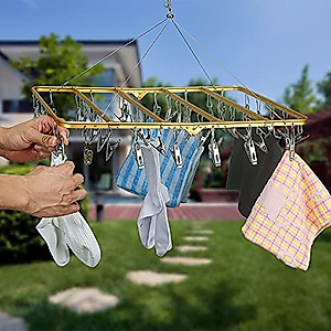 KANGCAI Socks Hanger 42 Clips Drip Hangers Clothes Drying Rack herb Drying Rack tendederos de ropa para secar Foldable Hanging Racks for Laundry Racks Apartments (Gold)