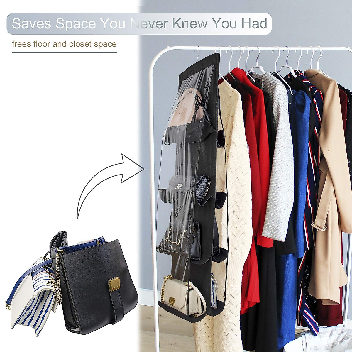 EsLuker.ly 2Pcs Hanging Purse Bag Organizers with 8 Large Easy Access Pockets, Premium Clear Handbag Storage Holder Space Saving Organizer System for Closet Wardrobe (Black)