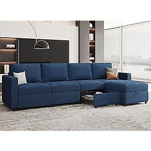 Belffin Fabric Convertible Modular Sectional Sofa Couch Modern L Shaped Sofa with Ottomans 5 Seater Sofa Sectionals Sleeper Couch with Reversible Chaise and Storage Drawers for Living Room Blue