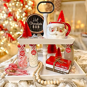 Perfnique Tiered Tray Stand, White Wooden 2 Tier Tray with 58in Wood Bead Garland, Serving Tray, Farmhouse Rustic Home Kitchen Decor, Morden Decorations Set for Shelf Coffee Bar Table (White)