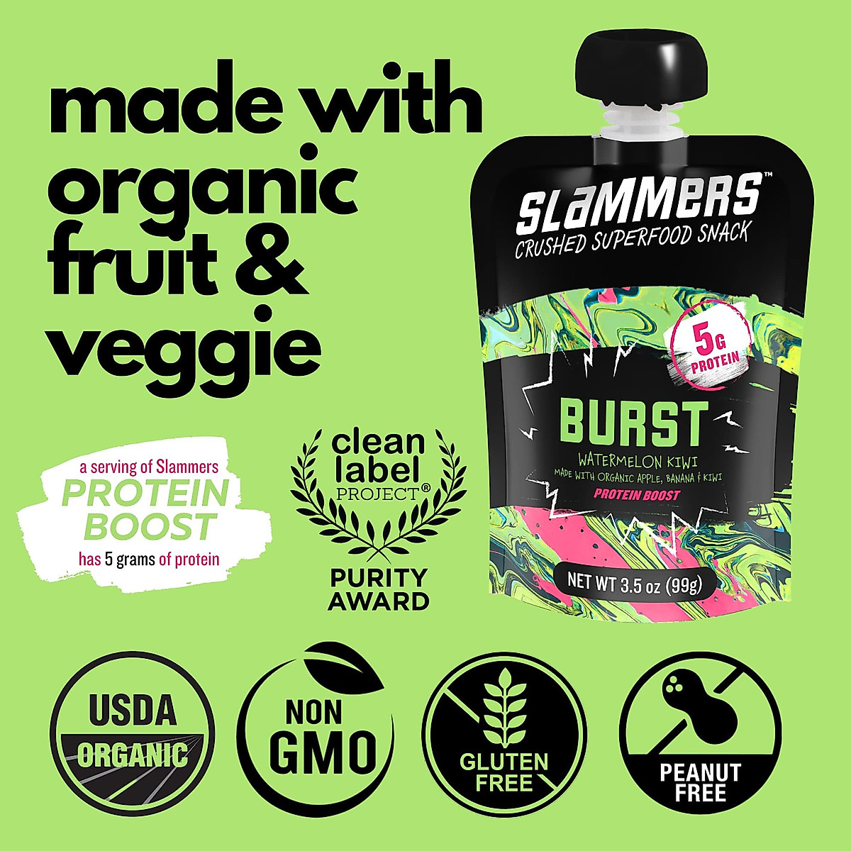 Slammers Organic Superfood Fruit & Veggie Snack Squeeze Pouch - Protein Pack - 3.5 Ounce (Pack of 16)