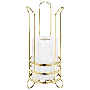 mDesign Decorative Free Standing Toilet Paper Holder Stand with Storage for 3 Rolls of Toilet Tissue - for Bathroom/Powder Room - Holds Mega Rolls - Durable Metal Wire - Soft Brass