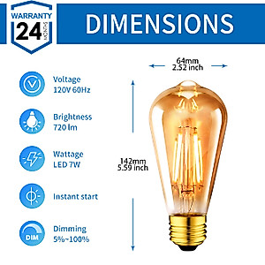 ANWIO Vintage Edison Light Bulb ST21 LED Filament Bulb 7W(60 Watt Equivalent) Dimmable 2500K (Amber Glow) Warm White E26 Medium Base, Amber Glass Cover,6 Pack