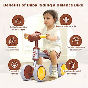 TWFRIC Balance Bike for 1+ Year Old Boys Girls, Toddler Balance Bike 12-36 Month No Pedal 4 Wheels Ride-on Baby Bike Riding Toys for 1 Year Old Birthday Gifts(Brown)
