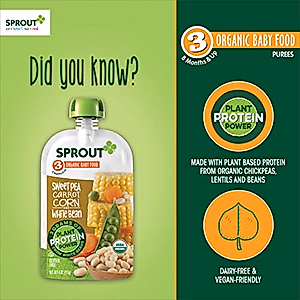 Sprout Organic Baby Food, Stage 3 Pouches, Sweet Pea & White Bean Plant Powered Protein, 4 Oz Purees (Pack of 6)