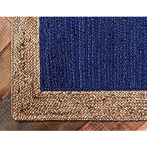 Unique Loom Braided Jute Collection Classic Quality Made Natural Hand Woven with Solid Color Detail, Area Rug, Rectangular 2' 0" x 3' 0", Navy Blue/Tan