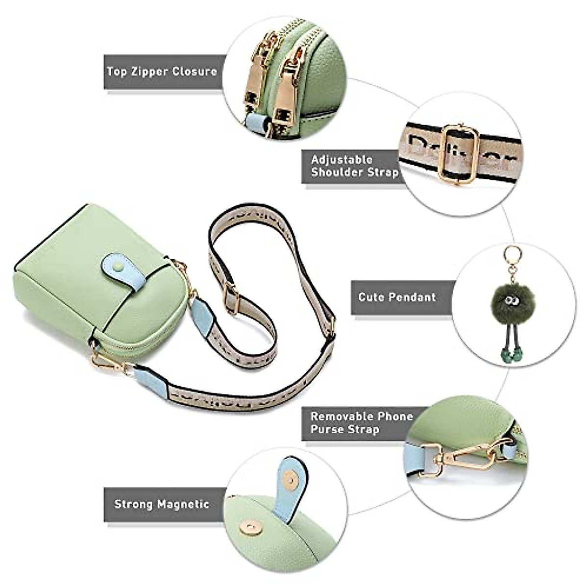 Small Crossbody Bags for Women Cross Body Bag Purses Mini Cell Phone Wallet Shoulder Handbags With Adjustable Strap and A Fluzzy Toy(Green)
