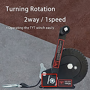 TYT 1200LB Boat Trailer Strap Winch with 8M Black Rope, Standard Mounting Hole Crank Hand Winch with Hook, Two Way Ratchet Manual Gear Winch for Towing Pulling Boat Trailer Truck RV ATV Jet Ski Winch