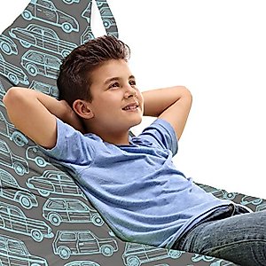 Lunarable Cars Lounger Chair Bag, Hand Drawn Style Classical Automobiles Transportation Traffic Urban City Life, High Capacity Storage with Handle Container, Lounger Size, Turquoise and Grey